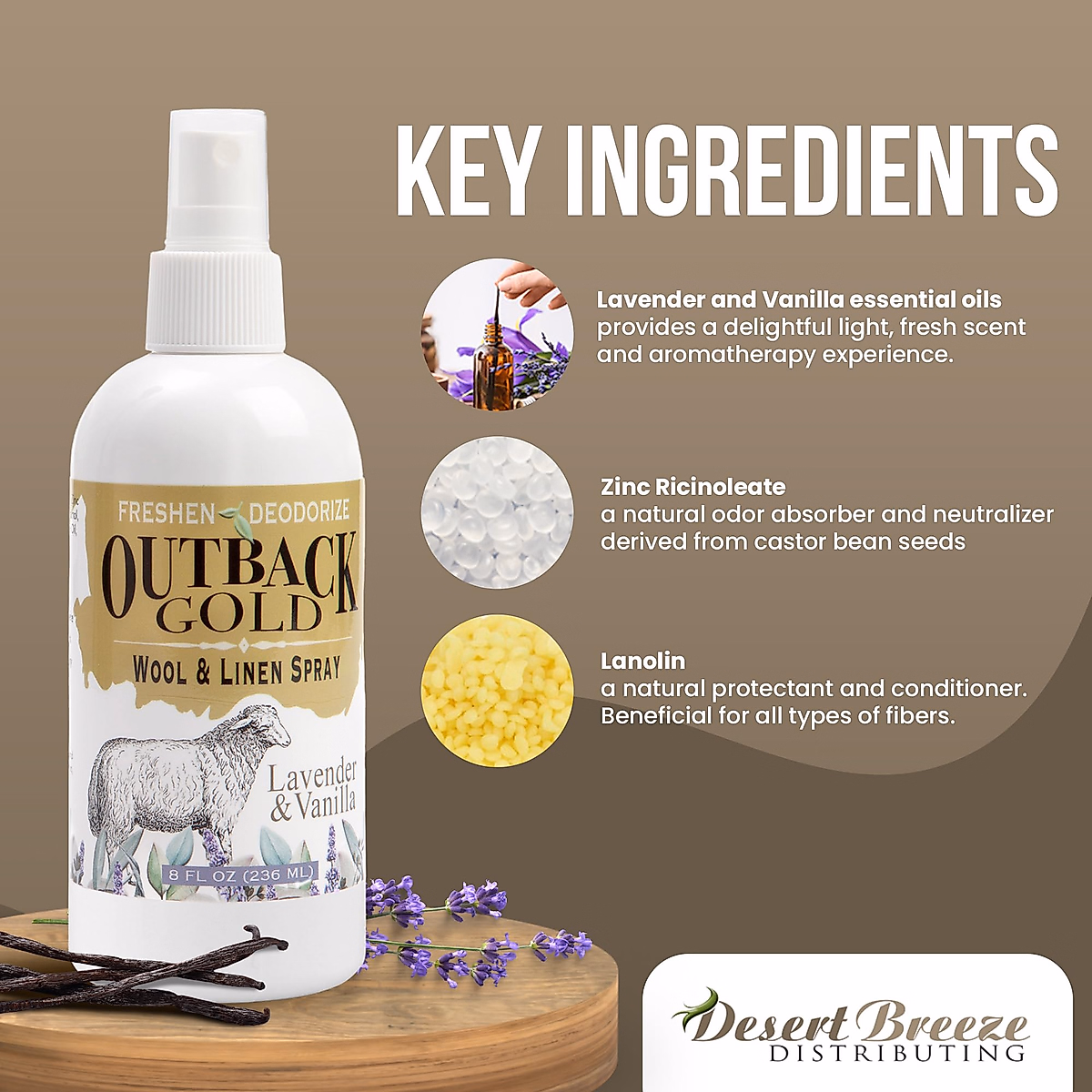 Outback Gold - Wool Cashmere Spray, Linen Sprays for Pillows and Sheets, Bed Spray Freshener & Deodorizers for Home, Lavender & Vanilla Fabric Sprays, Natural Fabric Freshener - 8 Fl Oz