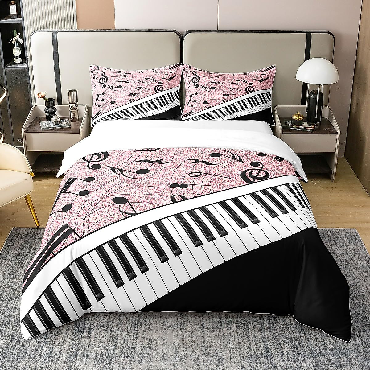 Twin Size Duvet Cover Music 100% Pure Cotton Bedding Set Black Piano and Musical Note Bedding Set Pink Glitter Comforter Cover for Room Decor Twin Size 2 PCS