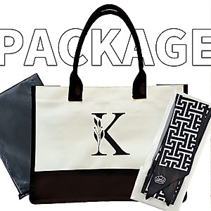 CROWNED BEAUTY Canvas Tote Bag with Zipper Pocket, Personalized Birthday Gift for Women, Embroidery Initial Letter K Bag for Vacation Beach CT37-K