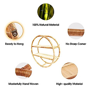 T'Furni Rattan Round and Horizontal Stripes Wall Shelf for Living Room Kitchen Wall Decor - Natural Rattan Floating Shelves - Natural Hanging Book - Wall Shelves with Storage