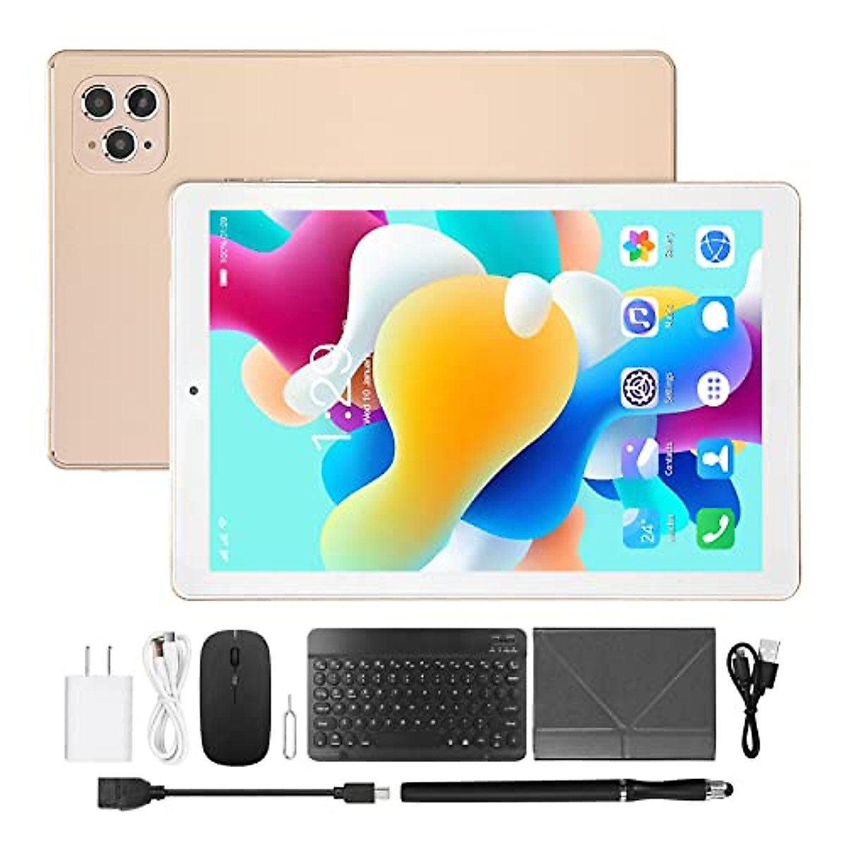 jerss 10.1 Inch 2 in 1 Tablet 5G Dual WiFi High Sensitivity Stylus Pen US Plug Octa Core 100-240V 4GB RAM 64GB ROM Tablet for Businesses (Gold)