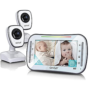 Axvue HD Video Baby Monitor, 720P HD Image Quality, 5.0" IPS Screen Monitor & 2 Camera, Range up to 1000ft, 24 Hour Battery Life, 2-Way Talk, Split Screen, Night Vision, Temperature Monitor, No WiFi.