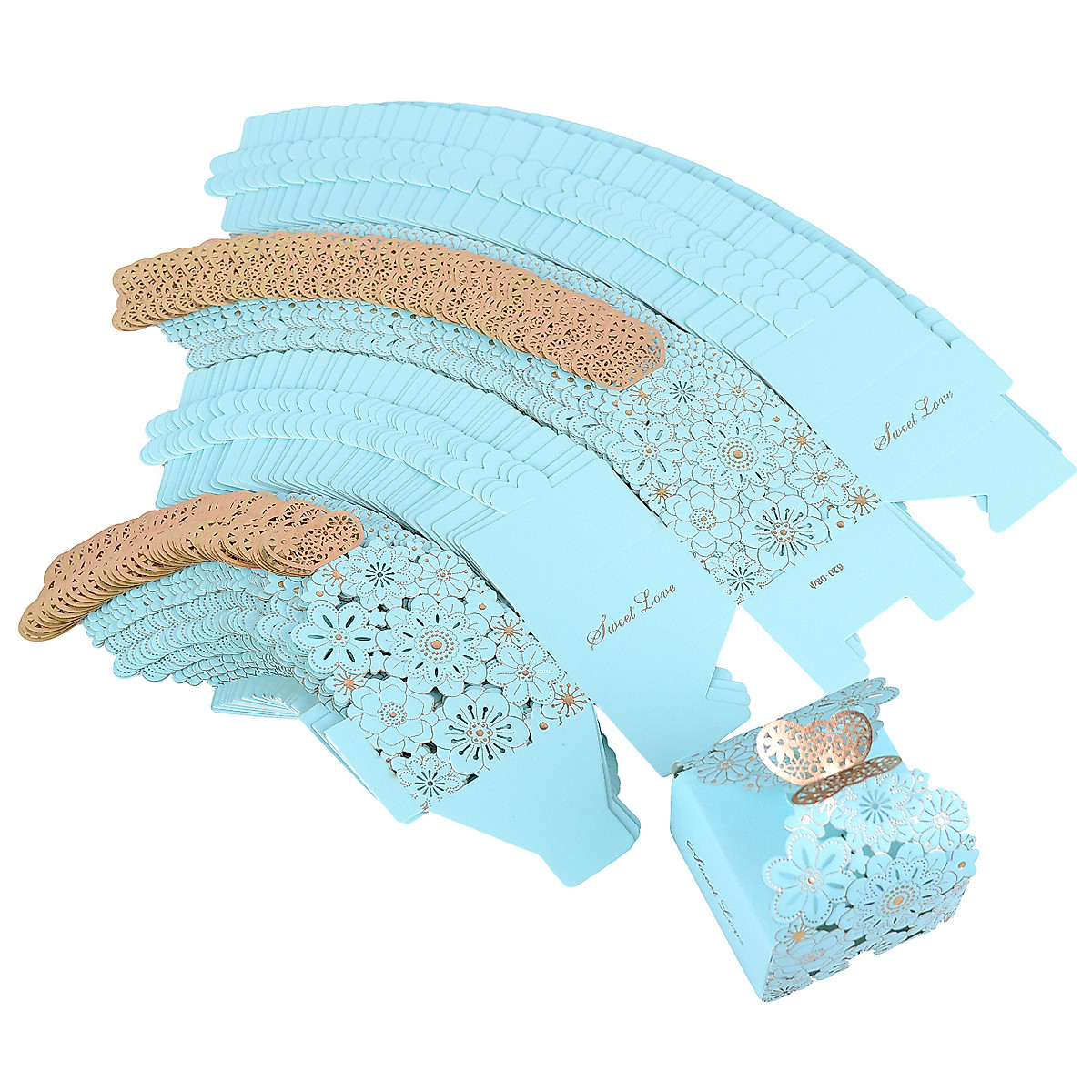 Wolfteeth Party Favor Boxes, Wedding Favors Boxes, Small Candy Boxes for Gift Giving, Laser Cut Floral Boxes, Thank You Gifts Wrap Boxes for Bridal Baby Shower Birthday Christmas, 100 Pack, Blue