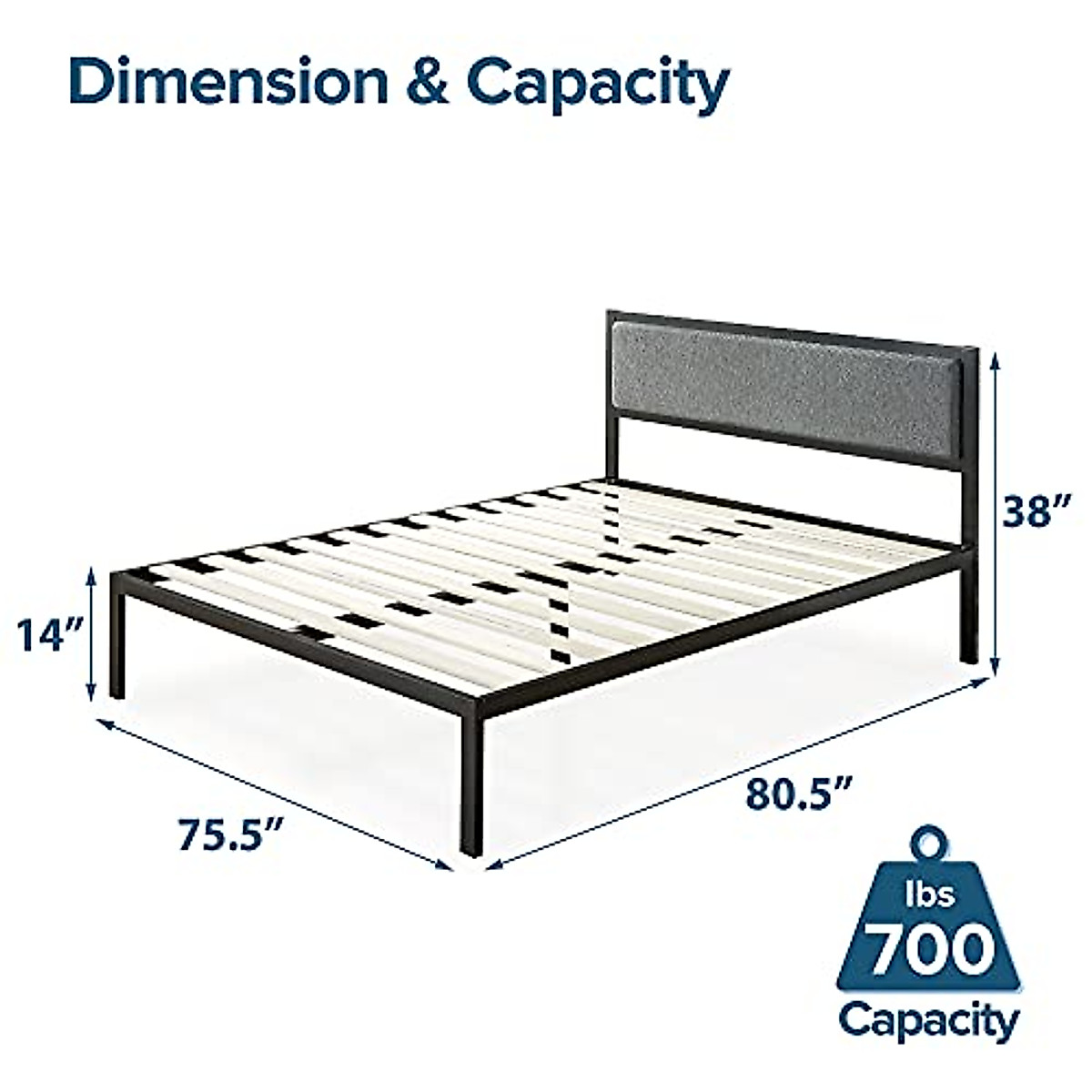 ZINUS Korey Metal Platform Bed Frame with Upholstered Headboard / Wood Slat Support / No Box Spring / Easy Assembly, King
