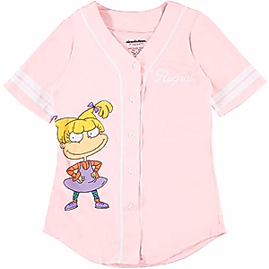 Nickelodeon Ladies 90's Fashion Shirt - Rugrats, Angelica and Chuckie Mesh Baseball Jersey (Light Pink, Small)