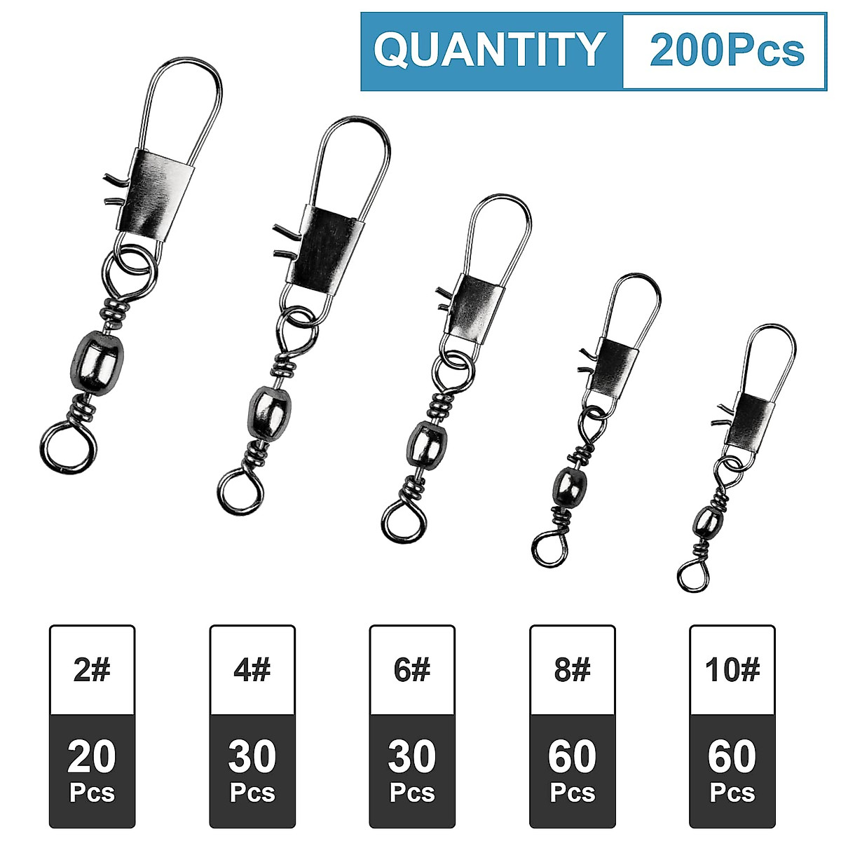 ReeMoo 200PCS Fishing Rolling Ball Bearing Barrel Swivel with Safety Snap Connector Fishing Accessories #2#4#6#8#10