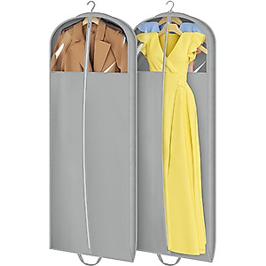 MISSLO 65" Foldable Garment Bags for Hanging Clothes Travel Waterproof Dress Bags for Gowns Long for Closet Storage Dress Protector Bag for Gowns, Suits, Coats, Grey, 2 Packs