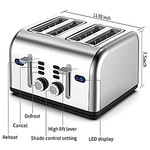 Toaster 4 Slice, REDMOND Stainless Steel Retro Toaster with LED Countdown Timer and Removable Crumb Tray, Dual Control Panel, Reheat Defrost Cancel Function, High Lift Lever, Silver