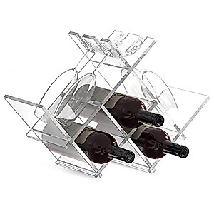 CREHNIL Small Space Acrylic Wine Rack Insert for Cabinet Built in Vertical 3 Bottle Countertop Table Top Bottle with Glass Holder Stand Modern Counter Tower Shelf