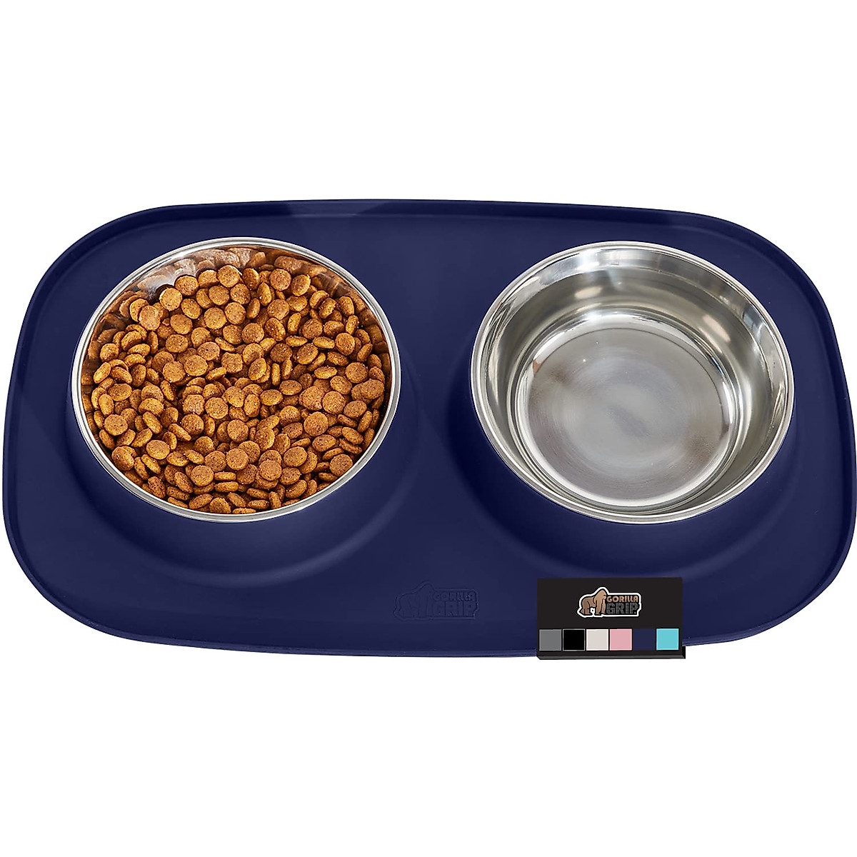 GORILLA GRIP 100% Waterproof BPA Free Cat and Dog Bowls Silicone Feeding Mat Set, Stainless Steel Bowl Slip Resistant Raised Edges, Catch Water, Food Mess, No Spills, Pet Accessories, 1 Cup, Navy