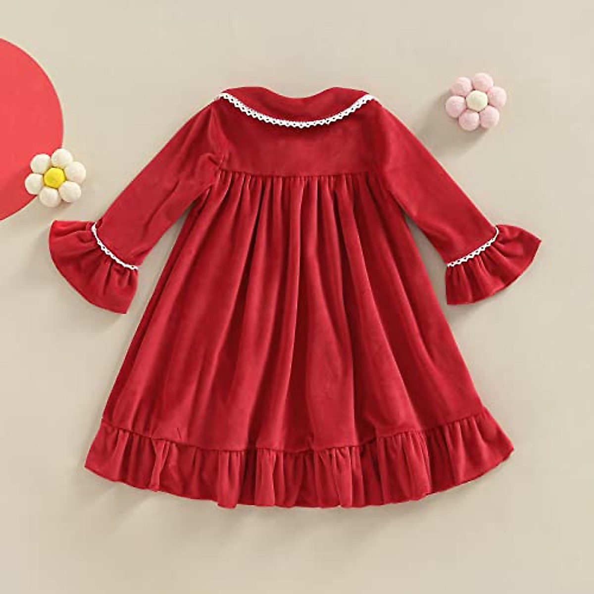 Qiylii Kids Baby Girls Xmas Velvet Nightdress Baby Gown Ruffle Long Sleeve Nightgown Dress Sleepwear Loungewear (Red Velvet 18-24 Months)