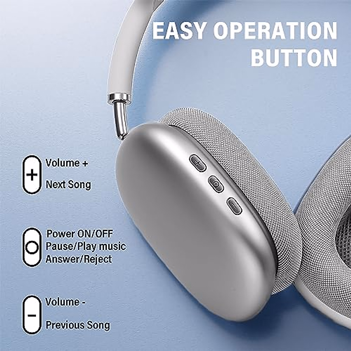 Peakfun Pro Wireless Bluetooth Headphones Active Noise Cancelling Over-Ear Headphones with Microphones, 42 Hours Playtime, HiFi Audio Adjustable Headphones for iPhone/Android/Samsung - Silver
