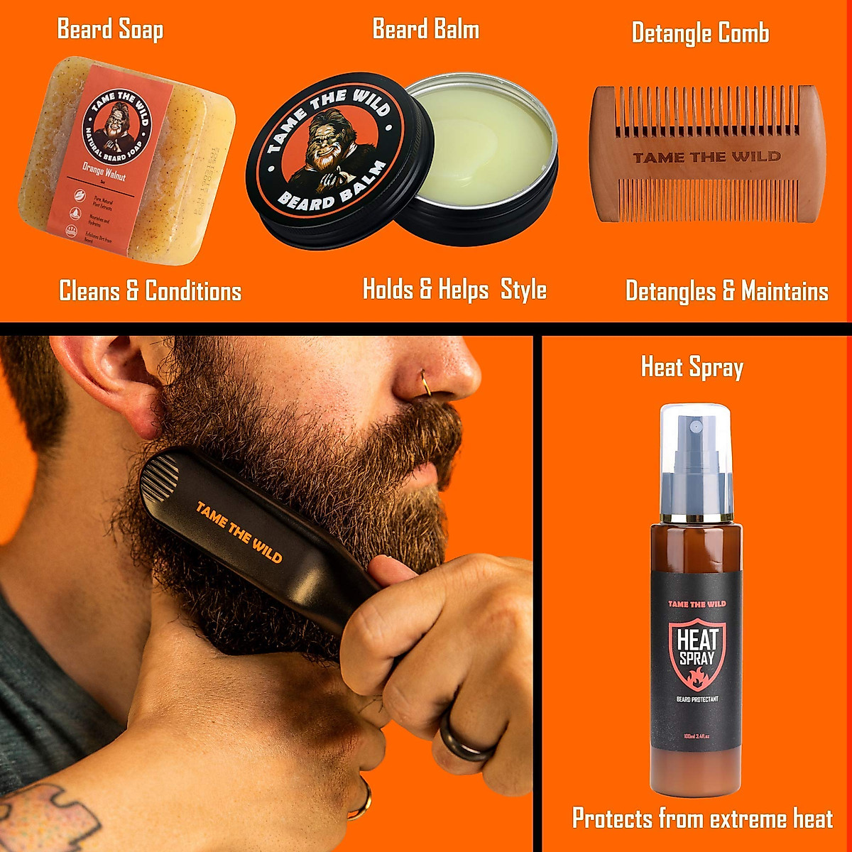 Tame's Easy Glide Beard Straightener Essential Kit and Tame's Orange Walnut Beard Soap Bundle