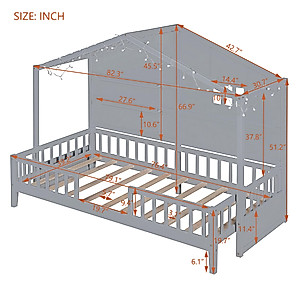 SOFTSEA Twin Size Low House Loft Bed with Shelves, Low Wood Bed Frame with Window and Sparkling Light Stripe on The Roof, House Shaped Low Loft Bed for Kids