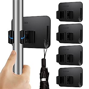 Drek Crek Mop Broom Holder Wall Mounted Heavy Duty No Drill, Adhesive Mop Broom Organizer, 304 Stainless Steel Mop Hanger Wall Mount Stick on w Hooks for Bathroom,Kitchen,Closet,Garage,Garden, 4PCS