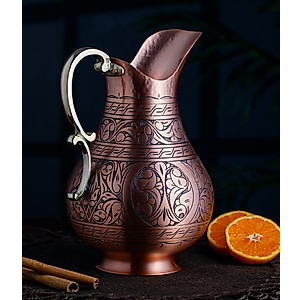 DEMMEX The Pitcher, 1mm Solid Copper Handmade Engraved Copper Pitcher Vessel Ayurveda Jug for Drinking Water, Moscow Mule, Cocktail (Matte-Engraved)
