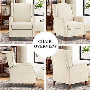 COLAMY Wingback Pushback Recliner Chair with Storage Pocket, Upholstered Fabric Living Room Chair Armchair with Wood Legs and Nailhead Trim, Beige