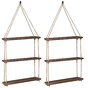 2 Sets Hanging Shelves for Wall 3 Tier Antique Wood Floating Hanging Shelf with Ropes Window Plant Shelves Rustic Storage Rack Wooden Floating Small Bookshelves for Bedroom Living Room Bathroom Decor