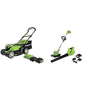 Greenworks 2 x 24V (48V) 17" Cordless Lawn Mower, (2) 4.0Ah USB Batteries (USB Hub) & 24V Cordless String Trimmer and Blower Combo Pack, 2Ah Battery and Charger Included STBA24B210