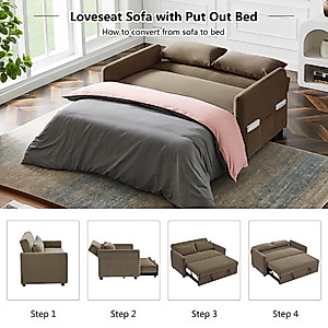 HUMEHA 57" Convertible Sleeper Sofa Bed, 3 in 1 Upholstered Velvet Loveseat Sofa with Put Out Bed, Modern 2 Seats Couch with Adjustable Back, 2 Pillows Side Pocket for Living Room RV, Brown