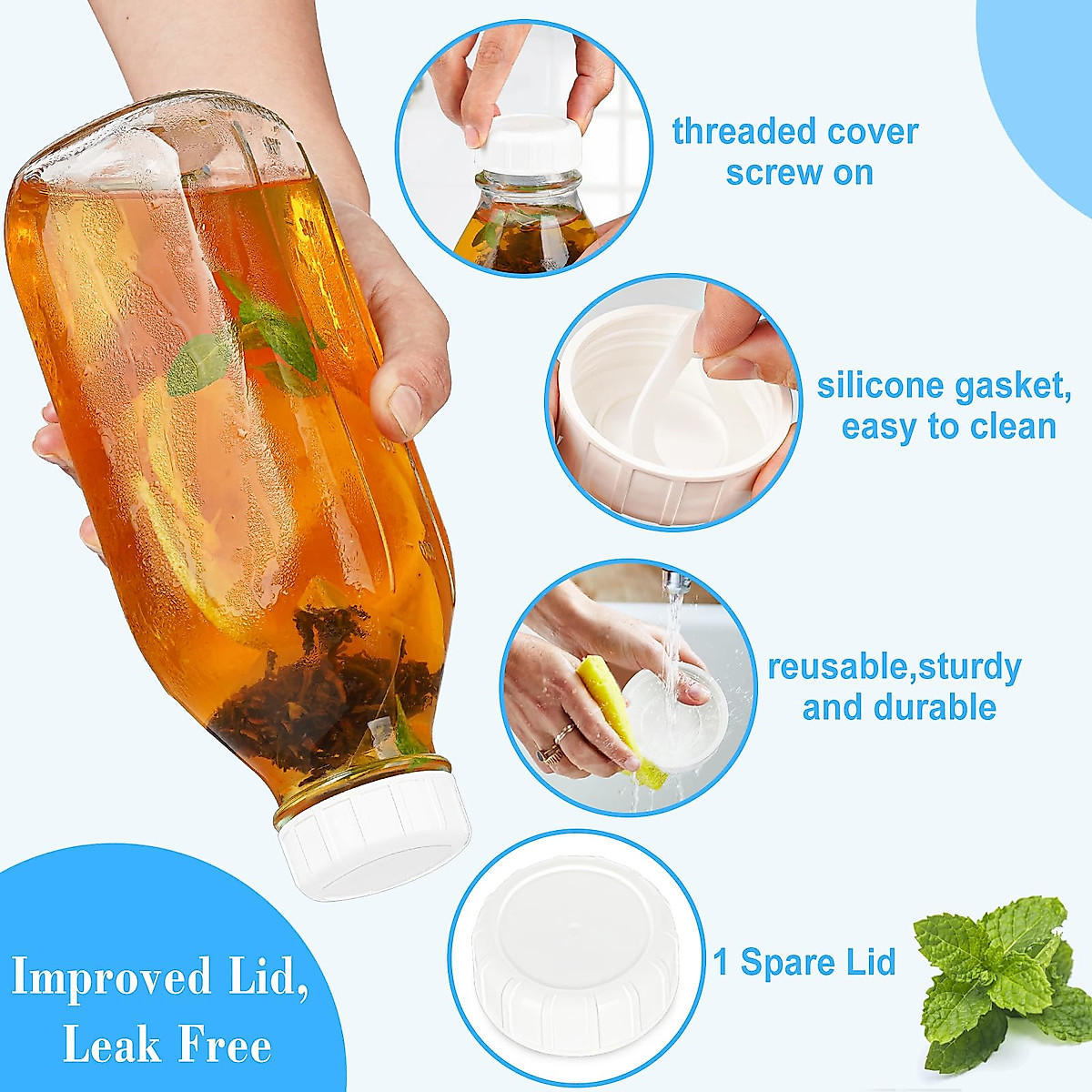 Syntic Square Liter Glass Milk Bottles with Airtight Lid - 100% Airtight Heavy Duty Screw Lid, 32 Oz Glass Juice Bottles w Scale Mark, Reusable Glass Jars for Homemade Juice(Extra 1 Lid and Pen)