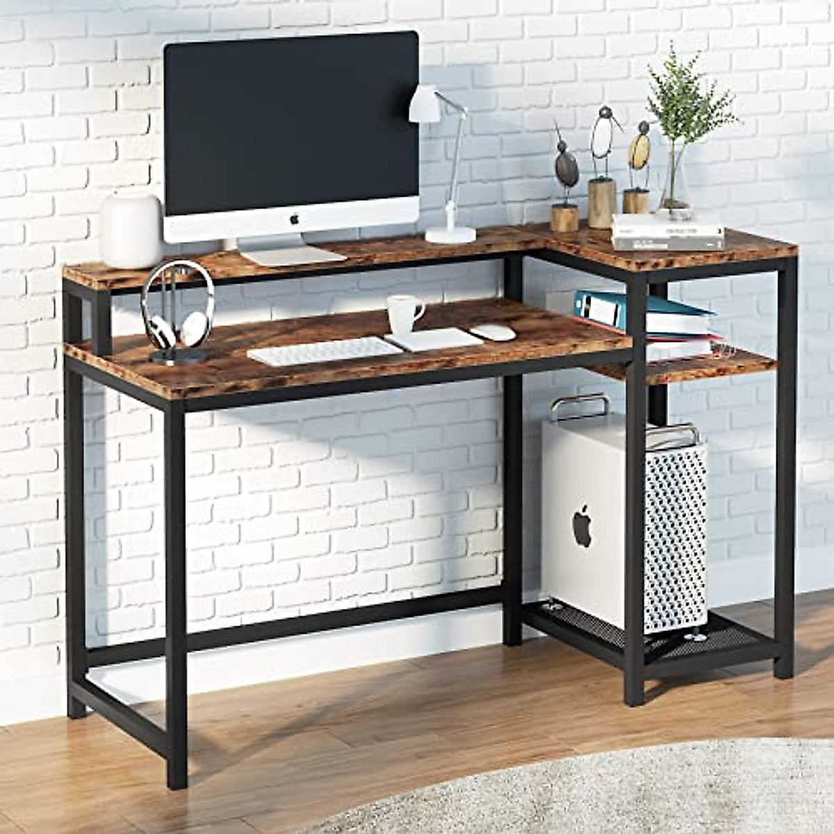 Tribesigns Computer Desk with Storage Shelves & Monitor Stand, PC Study Writing Desk, Industrial, Wood and Steel Frame, Workstations for Home Office