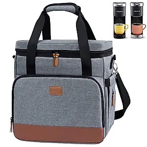 BAGSPRITE Coffee Maker Travel Bag Compatible with Keurig K-Mini or K-Mini Plus, Single Serve Coffee Brewer Carrying Case with Multiple Pockets for K-Cup Pods, Storage Bag With Shoulder Strap Grey