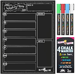 Magnetic Dry Erase Menu Board for Fridge Includes 4 Liquid Chalk Markers - Weekly Meal Planner Blackboard, Grocery List and Notepad for Kitchen Refrigerator - Chalkboard Magnet