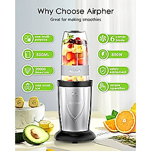 Blender for Shakes and Smoothies, 850 Watt 12 PCS Airpher Bullet Smoothie Blender for Personal with Milk Frother, 6-Edge Blade, Blade Grinder, 2 * 17 Oz & 10 Oz To-Go Cup, BPA Free