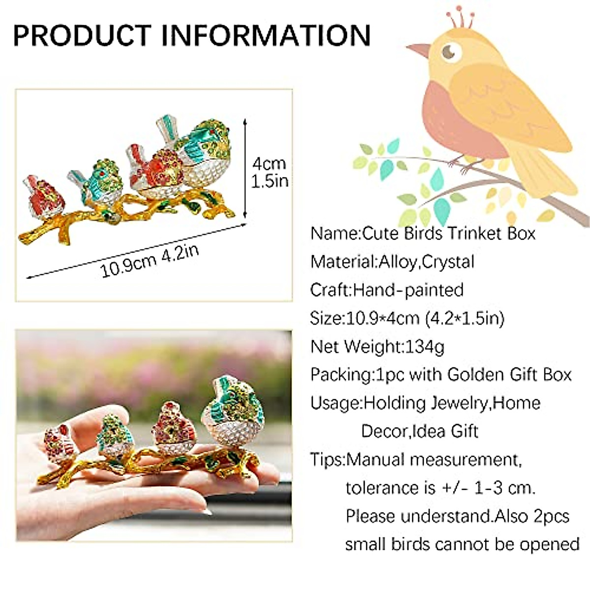 YU FENG Hand Painted Enamel Four Birds Trinket Box Hinged Jewelry Organizer with Crystals Ring Earrings Storage Colorful Animals Figurine Collectibles Home Decor Art