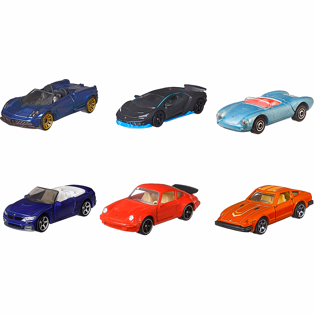 Matchbox Cars 6-Pack, Set of 6 Toy Vehicles in 1:64 Scale, Trunks, Hoods or Doors Open & Close: Porsche, Lamborghini, BMW, Datsun & Pagani