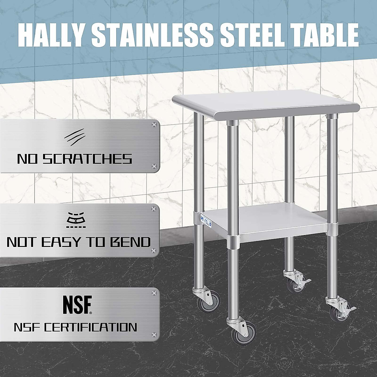 Hally Stainless Steel Table for Prep & Work 24 x 18 Inches with Caster Wheels, NSF Commercial Heavy Duty Table with Undershelf and Galvanized Legs for Restaurant, Home and Hotel