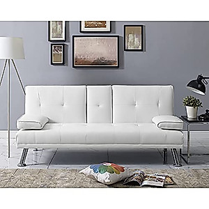 Futon Sofa Bed, Faux Leather Futon Couch with Armrest and 2 Cupholders, Pull Out Sofa Bed Couch Convertible with Metal Legs, Folding, Reclining Small Couch Bed, Futon Bed for Living Room - White