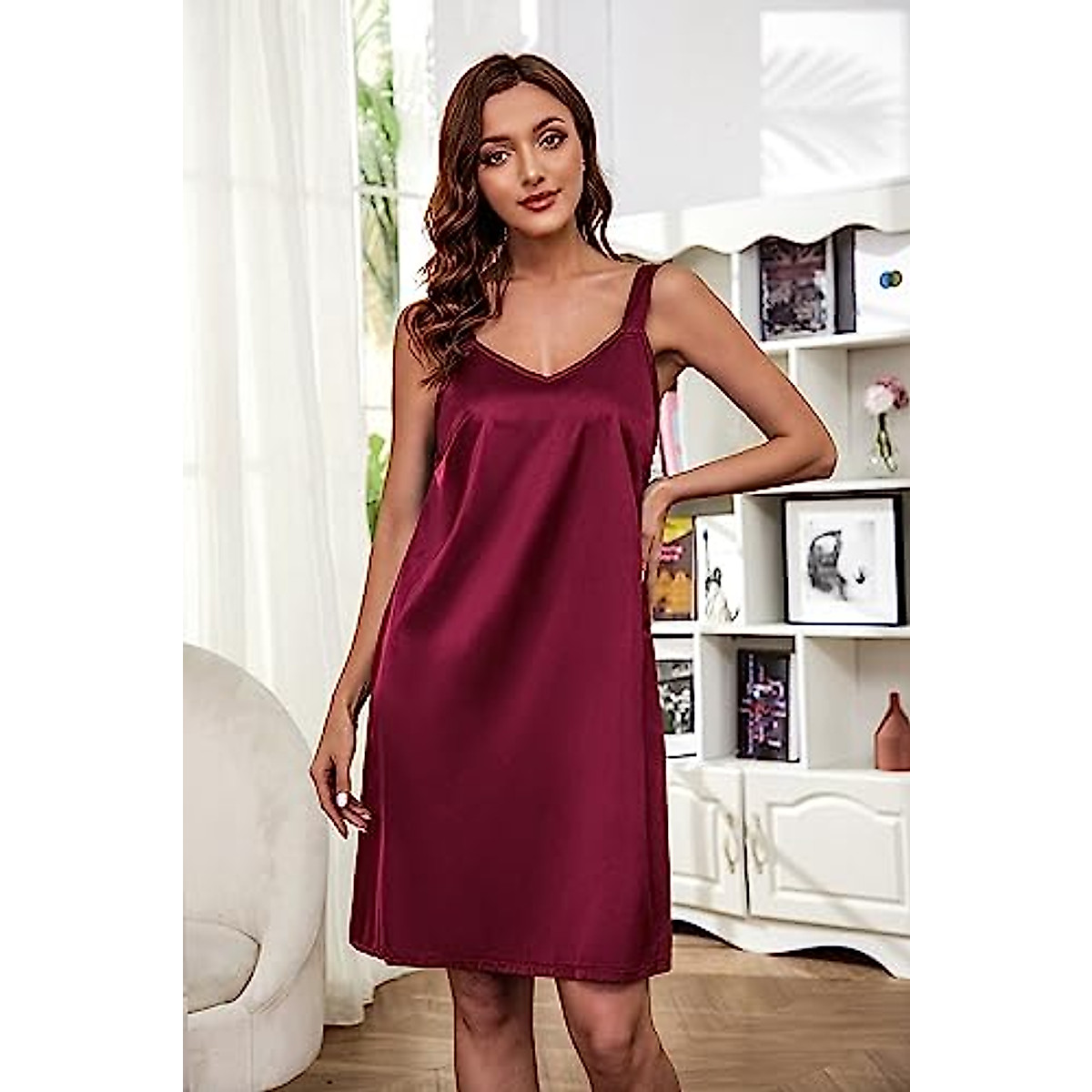 HBZDQB Ladies Full Slip Sleepshirt Satin V Neck Sleepwear Racerback Chemise Sexy babydoll Jersey Lingerie Wine Red XXL