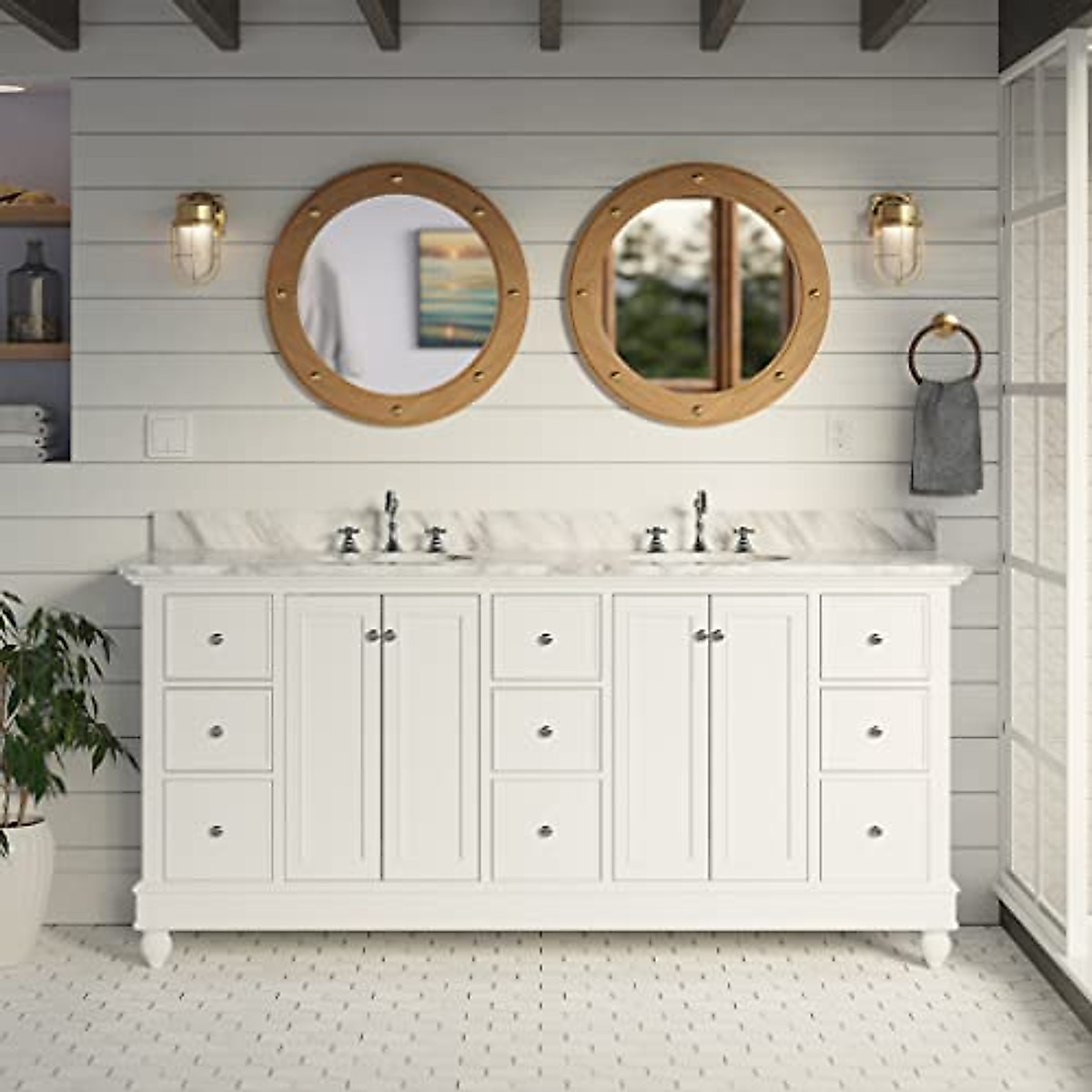 Kitchen Bath Collection Bella 72-inch Double Bathroom Vanity (White/Carrara): Includes White Cabinet with Authentic Italian Carrara Marble Countertop and White Ceramic Sinks
