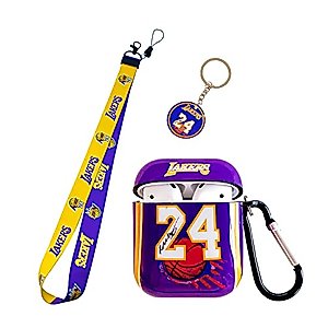 Purple Laker with Basketball Sports Brand Style Lanyard Keychain AirPod 1/2 Case, Personalised and Unique Process TPU Soft AirPods Case Cover. Suitable for Fans Boys Girls Teens