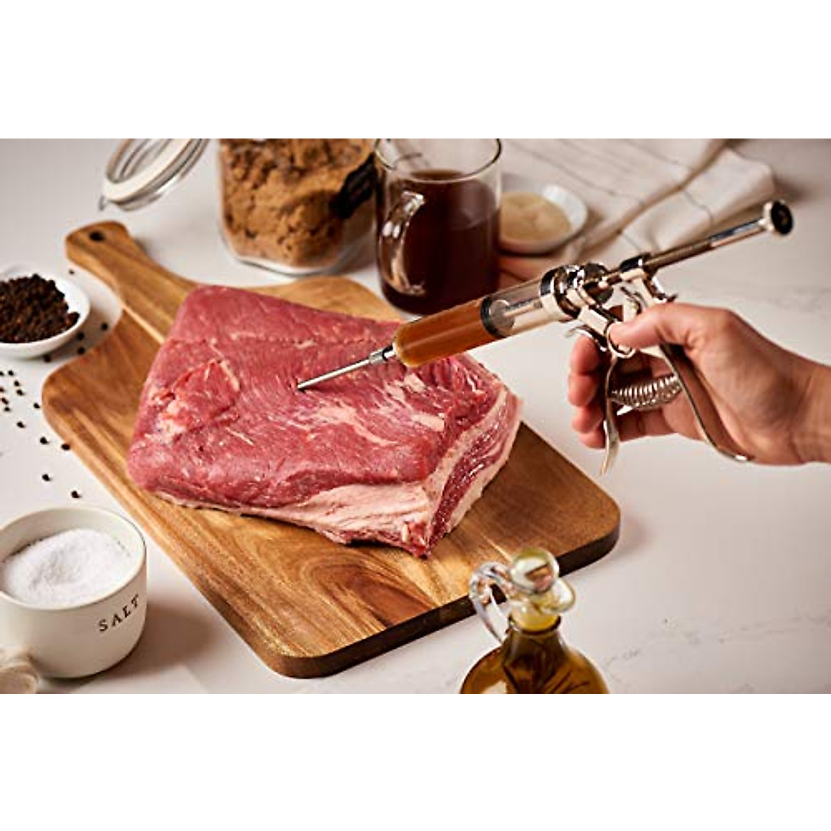 J&B Goods Professional Automatic BBQ Meat Marinade Injector Gun Kit with Case, 2 oz Large Capacity Barrel and 4 Commercial Grade Marinade Needles.