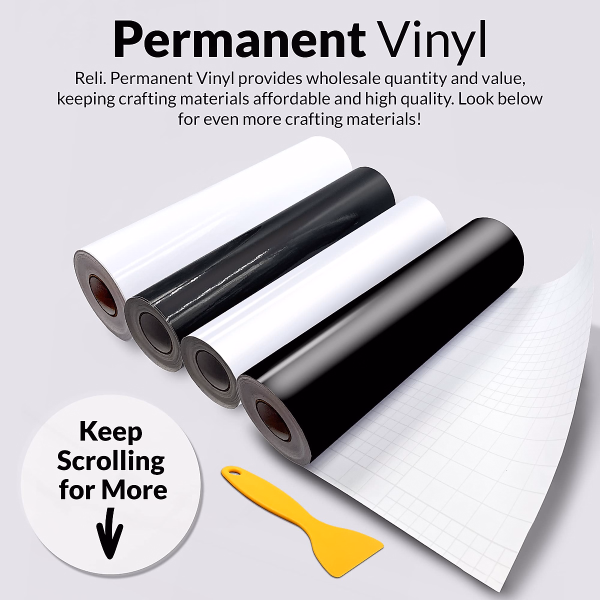 Reli. White Permanent Vinyl | 12" x 35 FT Roll (Glossy) | Scraper Tool Included | Adhesive Vinyl Compatible w/Cricut & Silhouette Cutting Machines | Vinyl Roll for Signs, Tumblers, Mugs, Cars & More