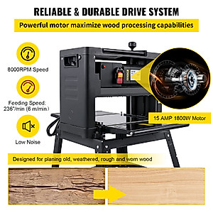 VEVOR Thickness Planer 12-Inch Benchtop Planer 2000W Wood Planer 8000 rpm Woodworking Planer 15 AMP Wood Planer Foldable 6m/min Planing Speed with Iron Stand Dust Exhaust for Woodworking Wooden Plank