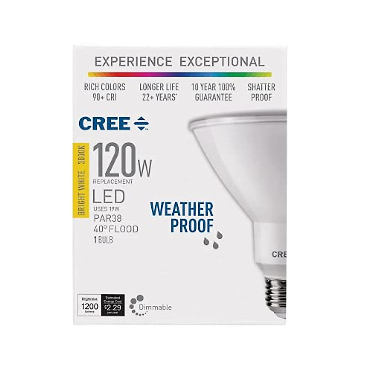 Cree Lighting Exceptional Series PAR38 Bulb, 3000K Dimmable LED Bulb, 120W + 1200 Lumens, Bright White, 1 Pack