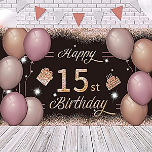 Happy 15st Birthday Backdrop Banner Black Pink 15th Sign Poster 15 Birthday Party Supplies for Anniversary Photo Booth Photography Background Birthday Party Decorations, 72.8 x 43.3 Inch