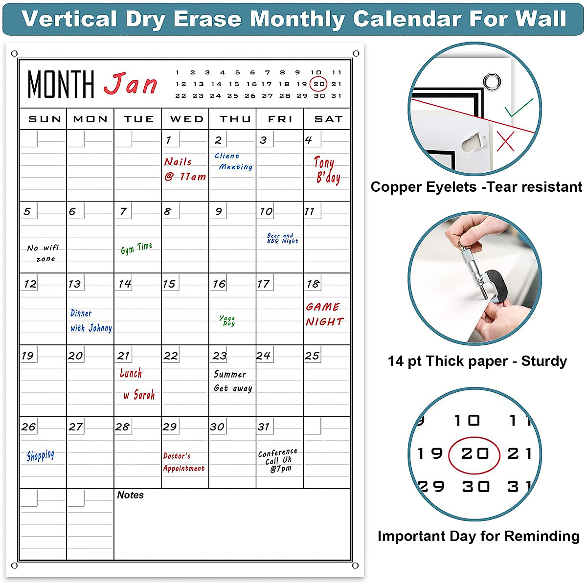 Large Dry Erase Calendar For Wall Monthly,24x36 Inch Big Vertical Blank White Board Calendar Fit to Narrow Wall,Giant Laminated Erasable 30 Day Schedule Planner Poster for Family,Office,Classroom