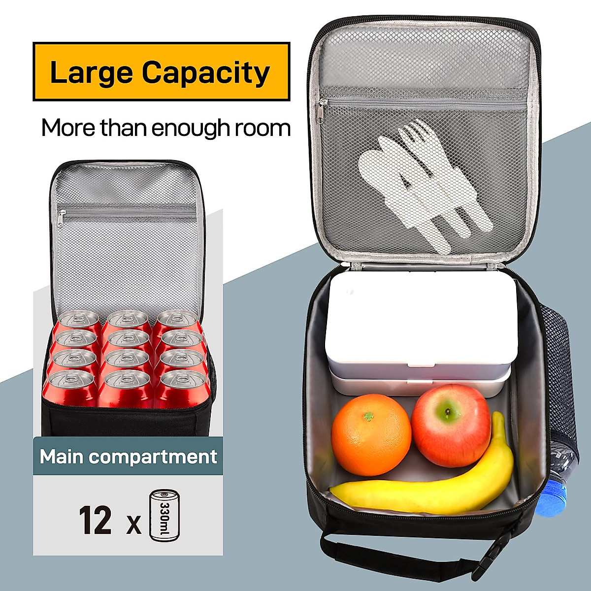 Buringer HOMESPON Reusable Lunch Bag Insulated Lunch Box Bento Cooler Tote with Front Pocket For Office/Outdoor (Black)