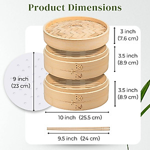 Flexzion Bamboo Steamer Basket Set (10 inch), 50 x Steamer Liners and 2 Pairs of Chopsticks, Steam Baskets for DimSum Dumplings, Rice, Vegetables, Fish and Meat
