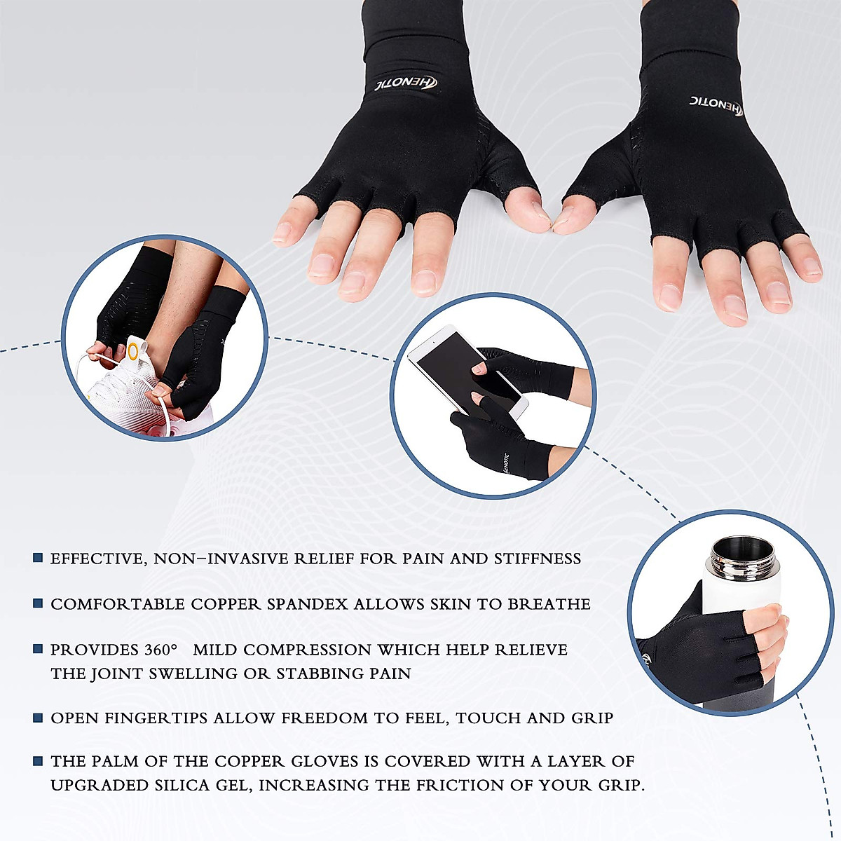 HENOTIC 2 Pairs Copper Arthritis Gloves for Women Men, Fingerless Breathable & Moisture Wicking Arthritis Compression Gloves for Relieving Carpal Tunnel Aches, Rheumatoid Pains, Joint Swell