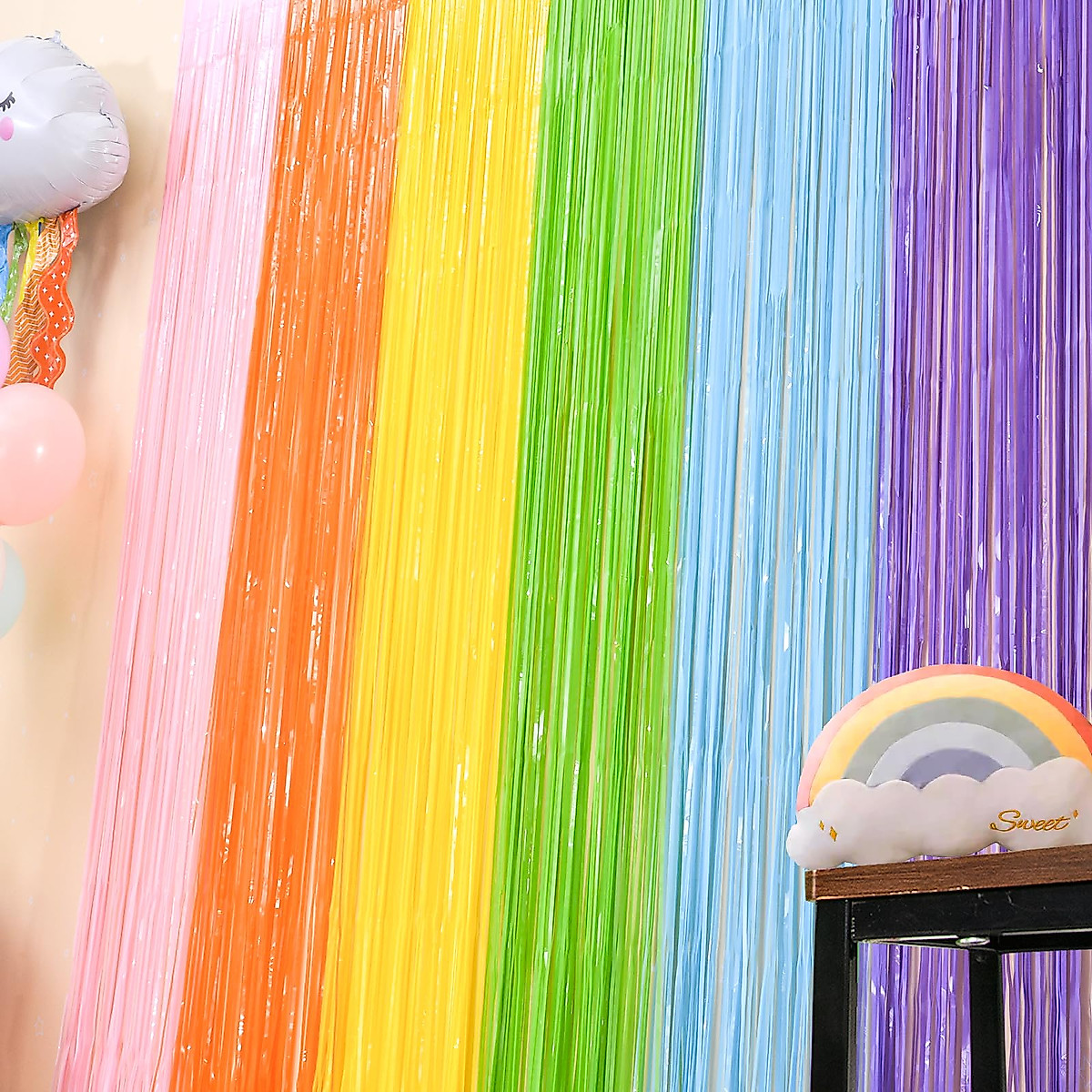 LOLStar Candyland Party Decorations, 2 Pack 3.3x6.6ft Pastel Rainbow Foil Fringe Curtains, Tinsel Curtains Photo Booth Prop Streamer Pastel Backdrop for Cocomelon Home Decor Easter Bunny Decorations