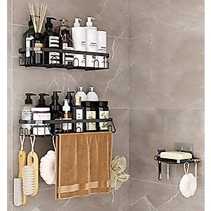 Dabuda 3 Pack Shower Caddy Bathroom Organizer with Hooks,Rustproof Wall Mount Shower Shelves with Soap Holder,No Drilling Stainless Steel Self-Adhesive Shower Storage Organizer for Bathroom