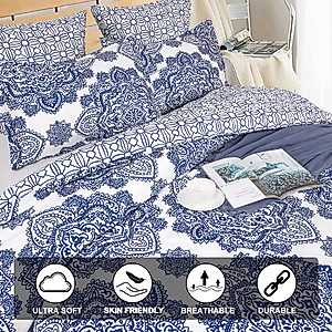 PHF Ultra Soft Paisley Duvet Cover Queen Size, Printed Bedding Set 3 Pieces, Comfy Farmhouse Pattern Duvet Cover Set with 2 Pillow Shams, Zipper Closure and 8 Ties, 90"x90", Royal Blue & White