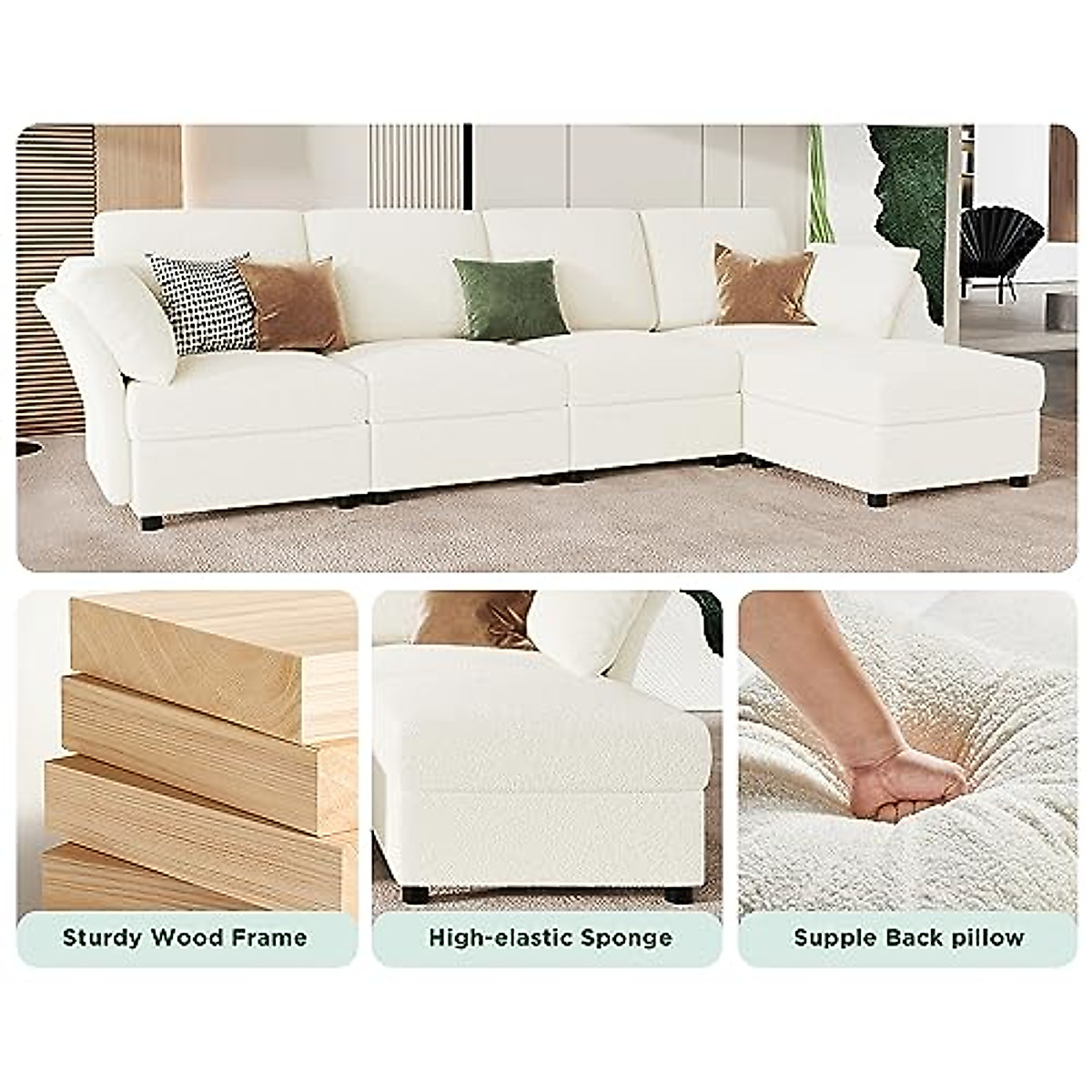 VanAcc Sectional Couch 6 Seats, Modular Sectional Sofa U Shaped sectional with Ottomans, Reversible Sofa Couch for Living Room, Offwhite Bouclé