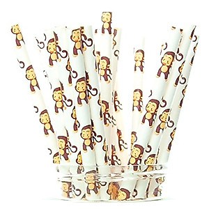 Monkey Party Straws (25 Pack) - Jungle Party Supplies, Brown Safari Paper Straws, Zoo Kids Birthday Party Decorations, Straws with Monkeys